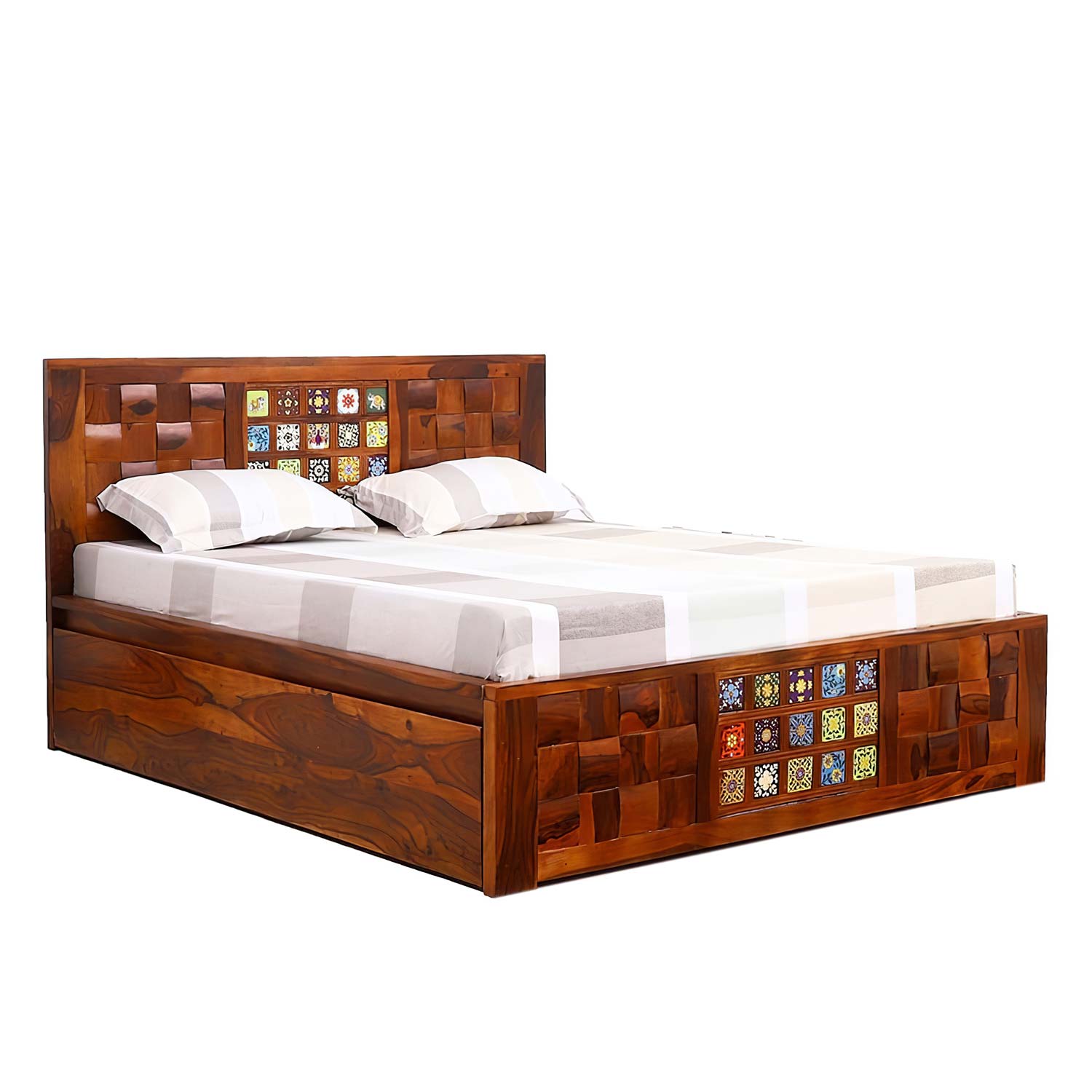 Nivora Tile Wooden Bed | With Side Trolly Storage | Honey Finish ...