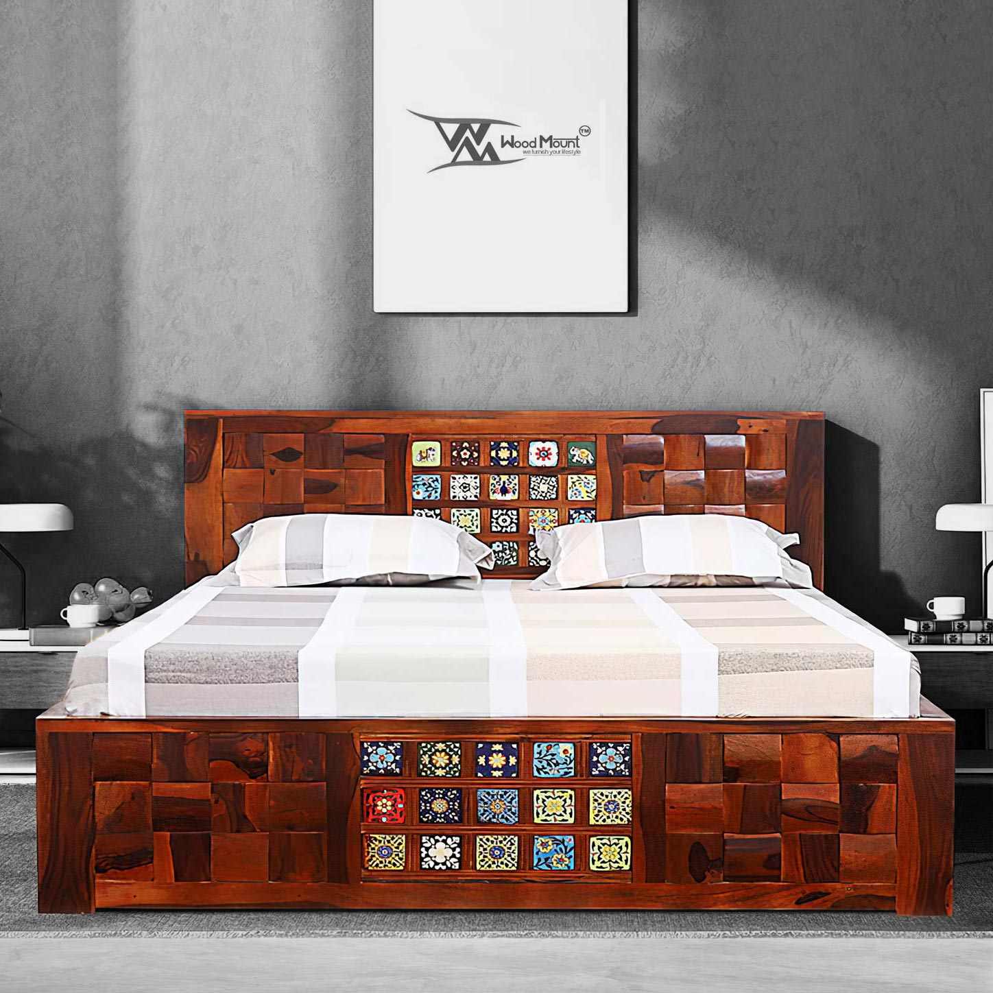 Nivora Tile Wooden Bed | With Side Trolly Storage | Honey Finish ...