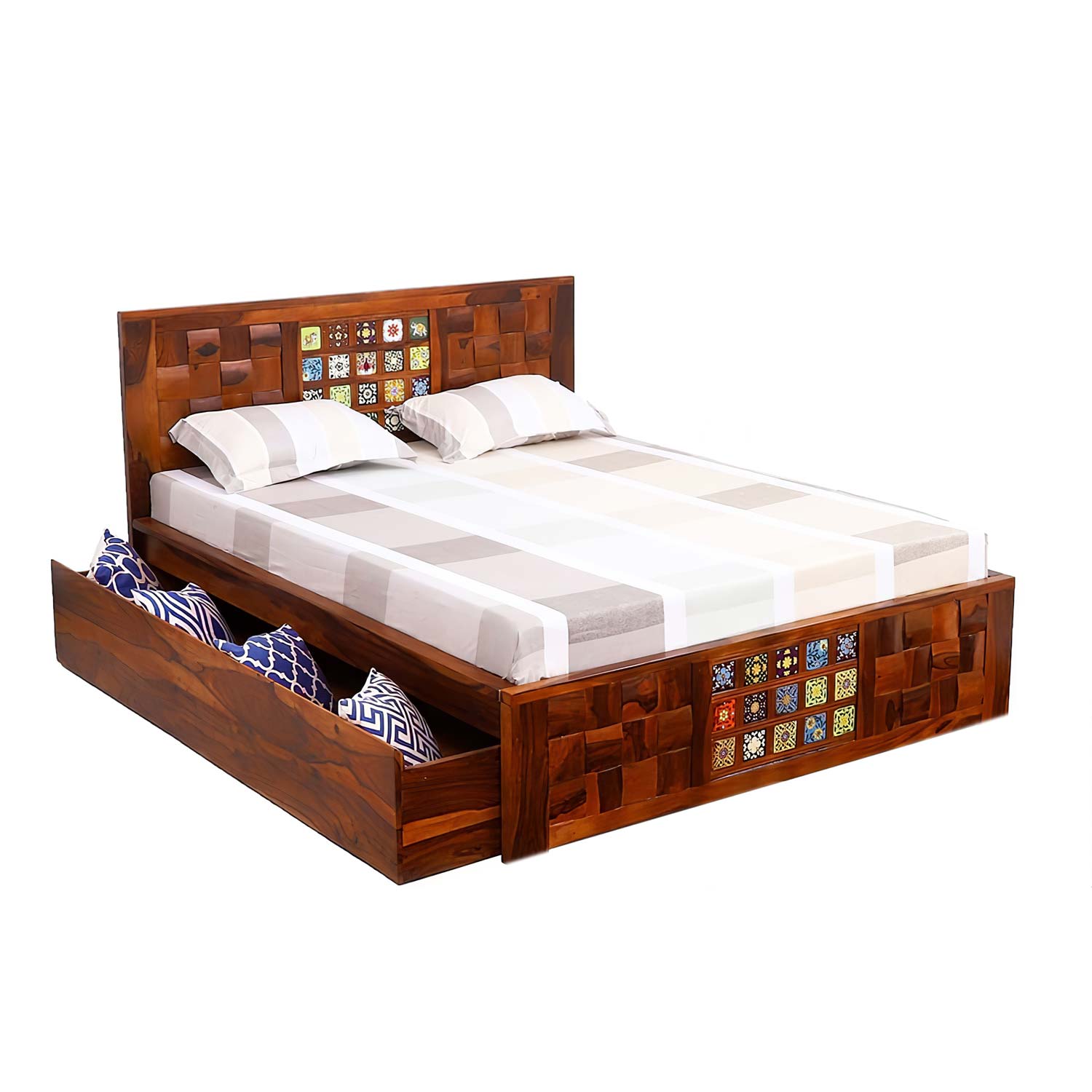 Nivora Tile Wooden Bed | With Side Trolly Storage | Honey Finish ...