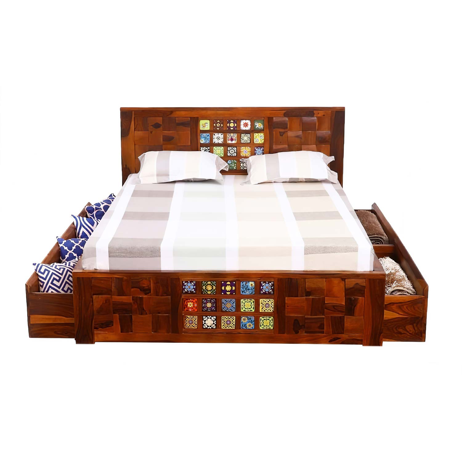 Nivora Tile Wooden Bed | With Side Trolly Storage | Honey Finish ...