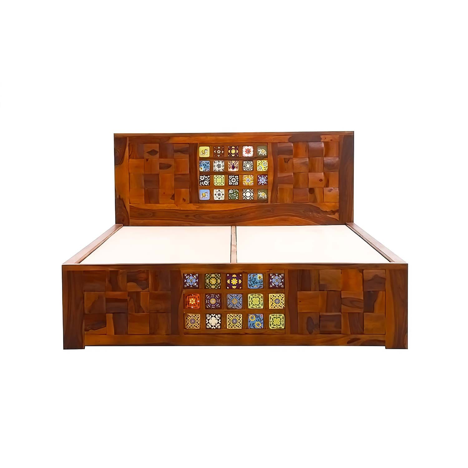 Nivora Tile Wooden Bed | With Side Trolly Storage | Honey Finish ...