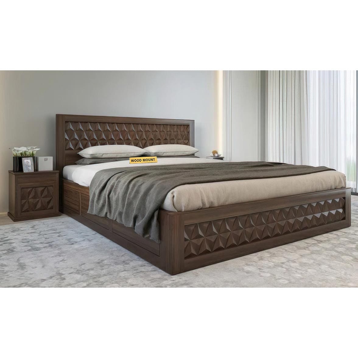 TrioD Solid Wood Bed Without Storage Bed Walnut Finish | WoodMount ...