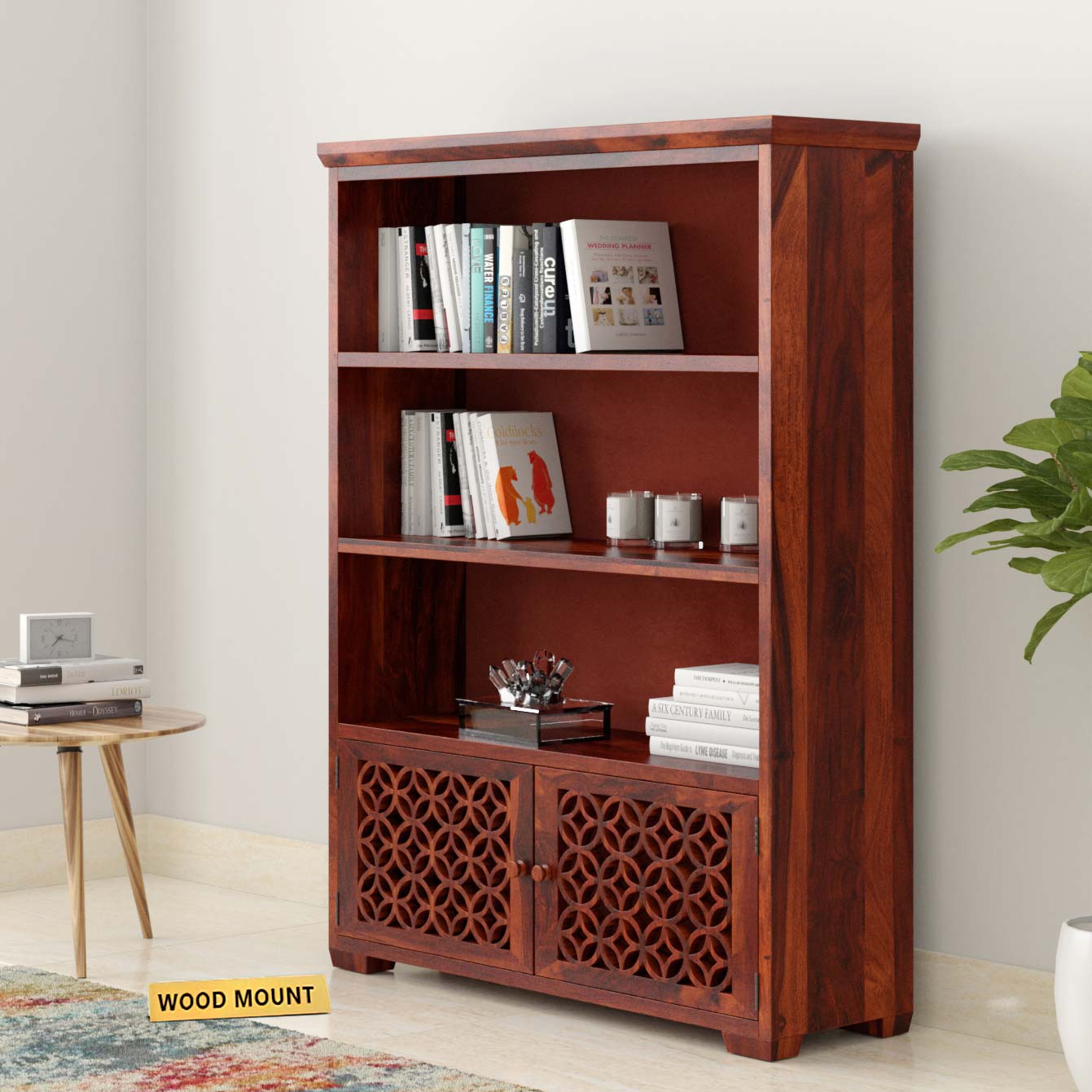 Zixcal Bookshelf With 2 Door (Honey Finish) | WoodMount Handcrafted ...